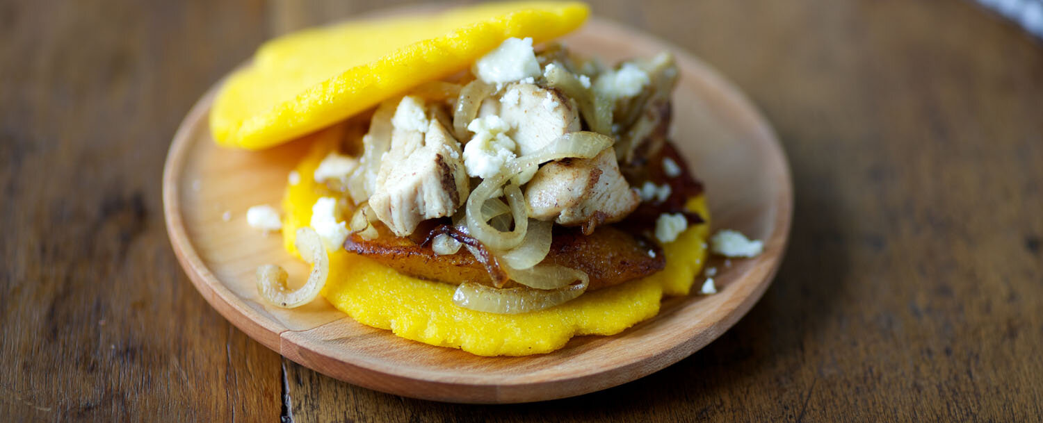 Recipes - Chicken-Stuffed Arepas with Plantains & Queso Fresco - Applegate